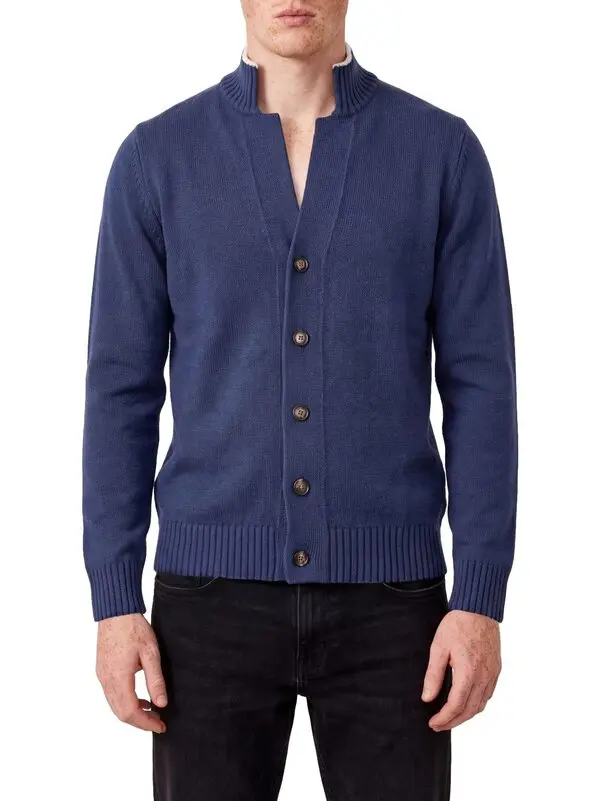 Eleventy High Neck Wool Cardigan With Ribbed Trims - Blue