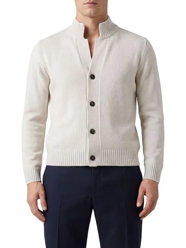 Eleventy High Neck Wool Cardigan With Ribbed Trims - Sand