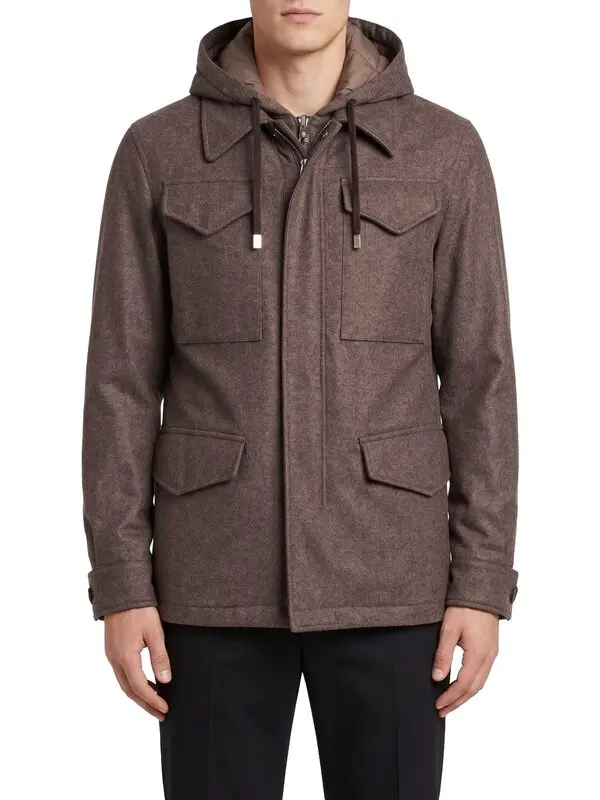 Eleventy Hooded Jacket In Wool And Cashmere Blend With Flap Utility Pockets - Dark