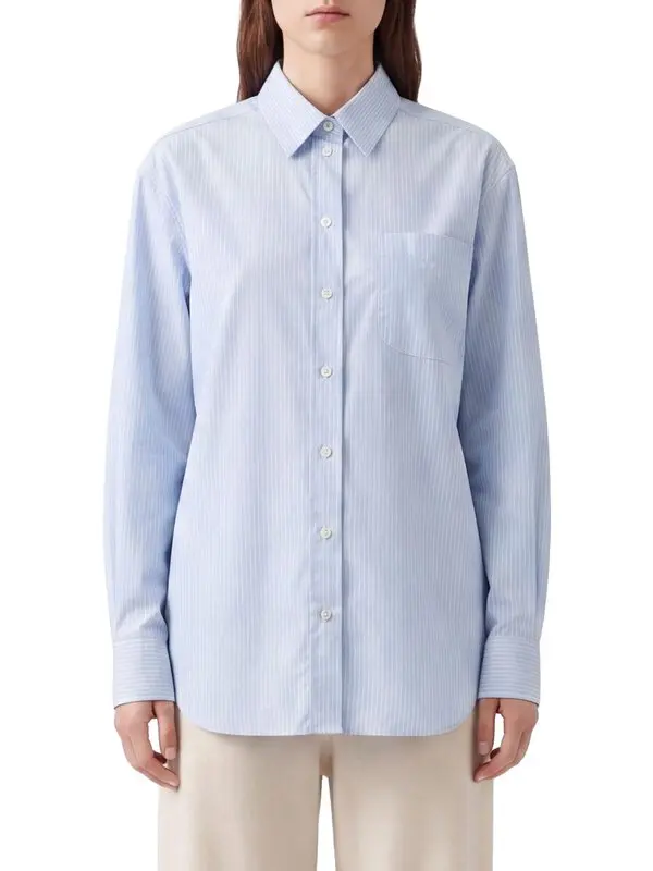 THE ROW Striped Cotton Shirt With French Collar And Patch Pocket - White