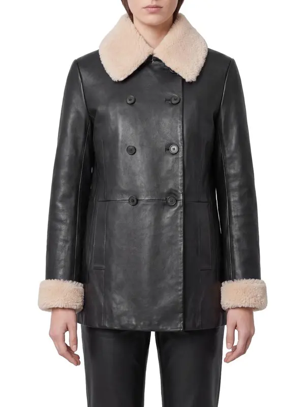 Liviana Conti Double-breasted Leather Coat With Fur Collar And Cuffs - Black