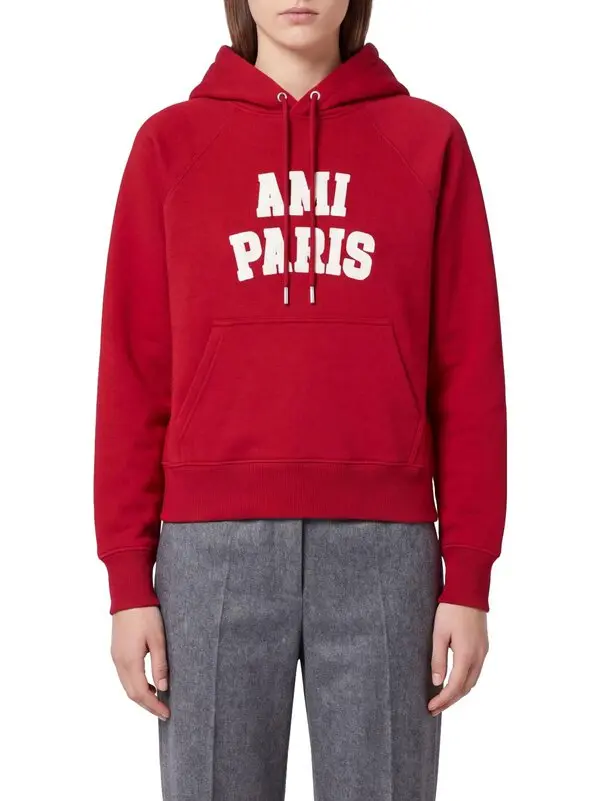 AMI Paris Cotton Hoodie With Kangaroo Pocket - Red