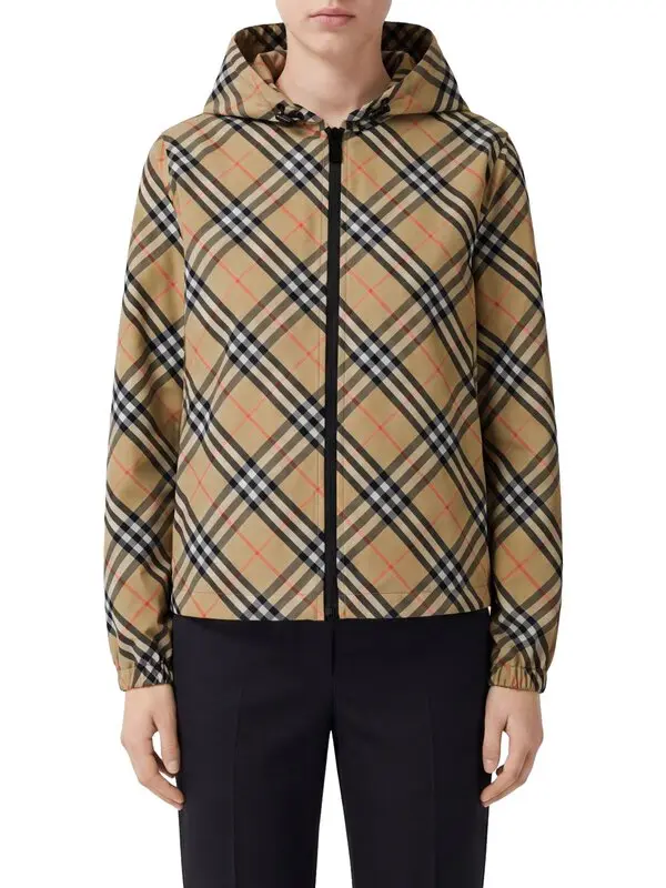 Burberry Vintage Check Hooded Windbreaker Jacket In Polyester - Sand