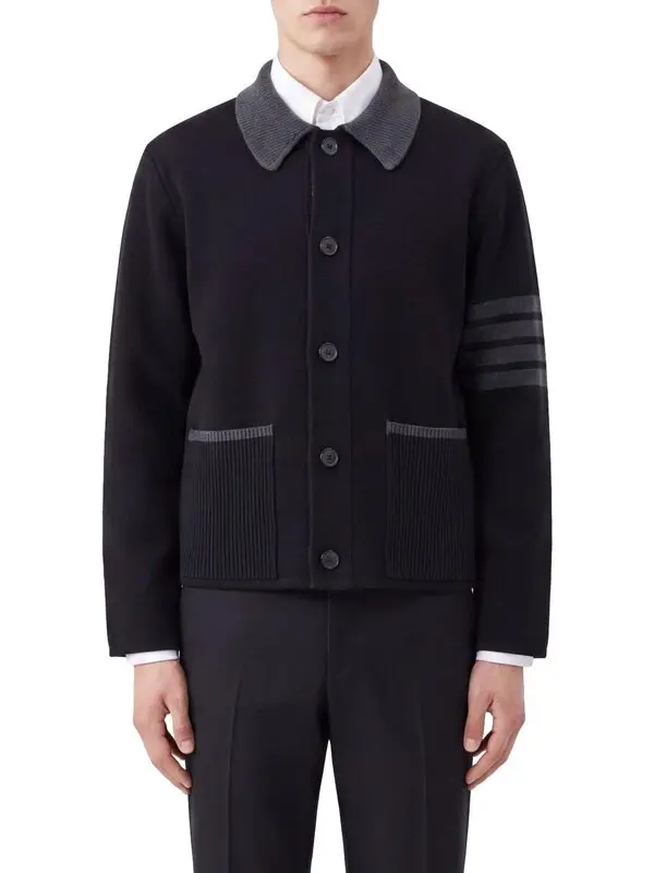 Thom Browne 4-bar Stripe Classic Collar Wool Cardigan - Black
