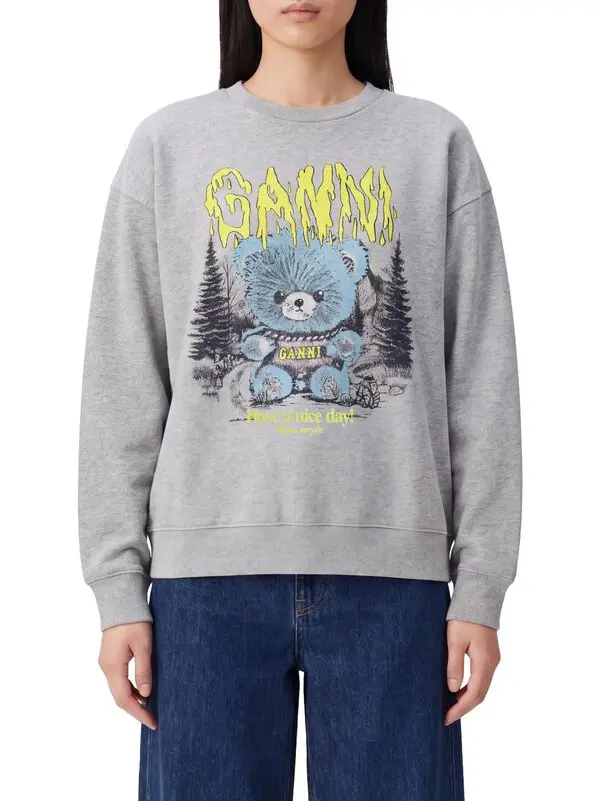 GANNI Crewneck Sweatshirt In Cotton With A Graffiti-style Teddy Bear Print - Grey