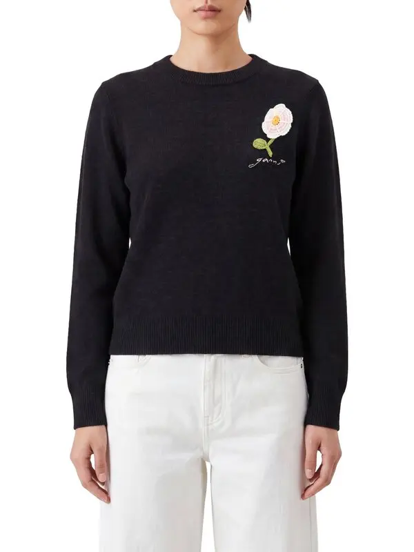 GANNI Crewneck Merino Wool Jumper With Decorative Macramé Lace Inserts - Charcoal