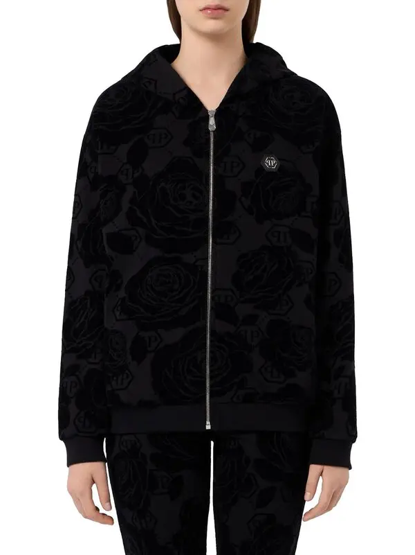 Philipp Plein Hooded Zip-up Sweatshirt With Floral And Monogram Print - Black