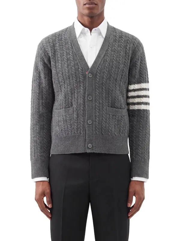 Thom Browne 4-bar Stripe V-neck Slim Fit Wool Tricot Cardigan - Grey