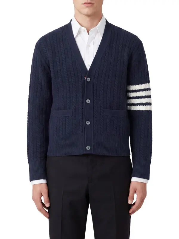 Thom Browne 4-bar Stripe V-neck Slim Fit Wool Tricot Cardigan - Navy