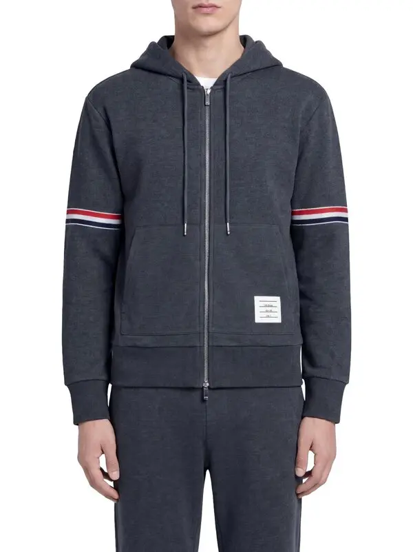 Thom Browne Zip-up Cotton Hoodie With Drawstring And Flag Detail - Black