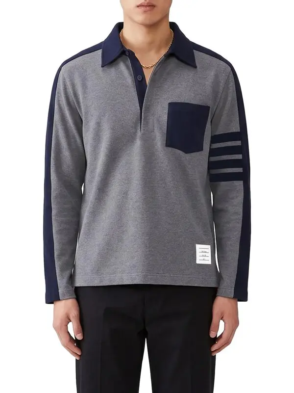 Thom Browne Long-sleeved Bi Cotton Polo Shirt With 4-bar Logo - Grey