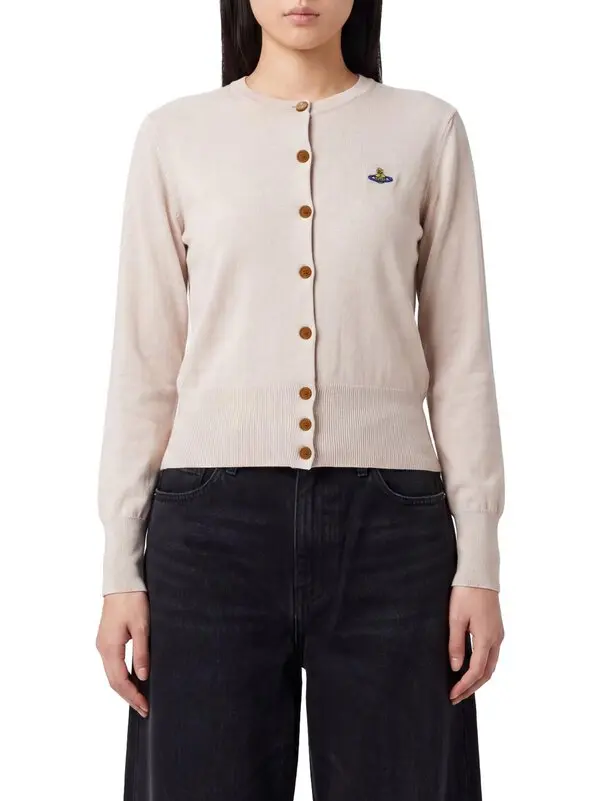 VIVIENNE WESTWOOD Crewneck Merino Wool Cardigan With Embroidered Orb Logo - Beige