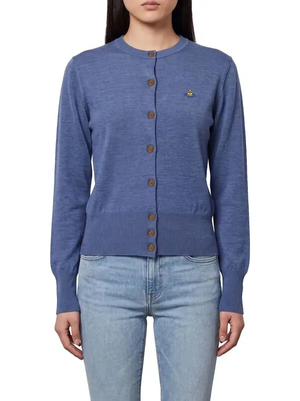 VIVIENNE WESTWOOD Crewneck Merino Wool Cardigan With Embroidered Orb Logo - Denim