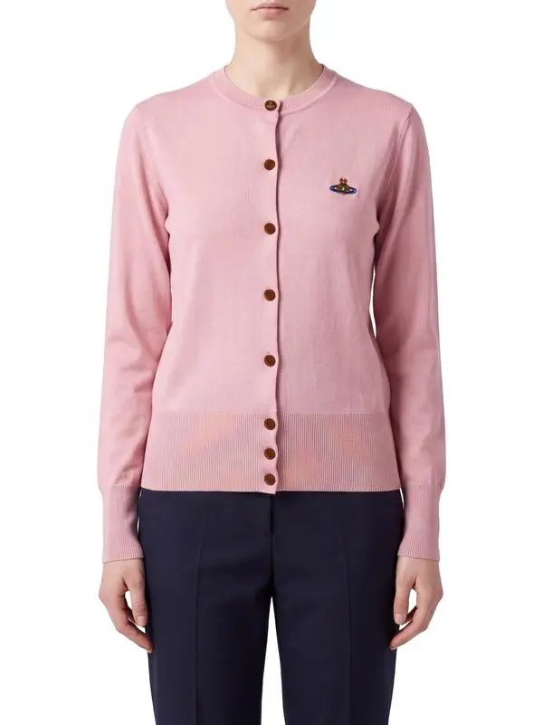 VIVIENNE WESTWOOD Crewneck Merino Wool Cardigan With Embroidered Orb Logo - Pink