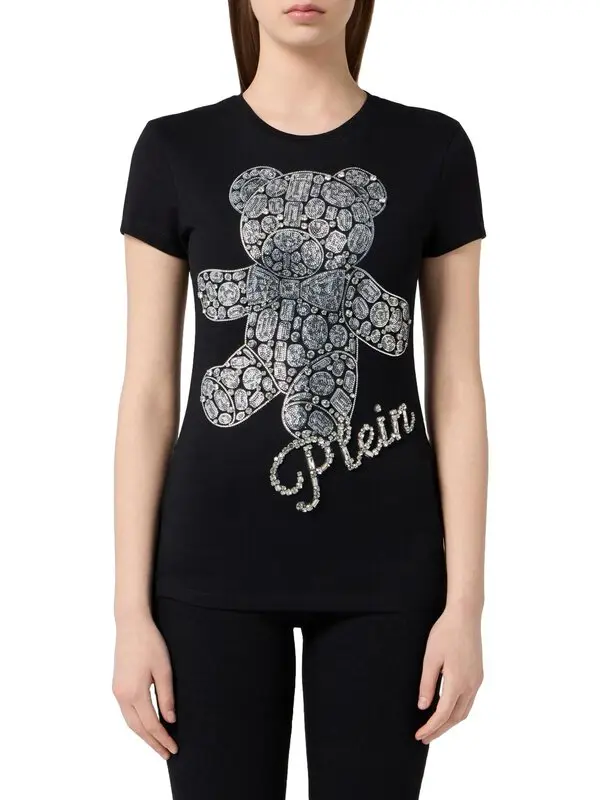 Philipp Plein Slim Fit T-shirt In Cotton With Rhinestone Teddy Bear Logo - Black