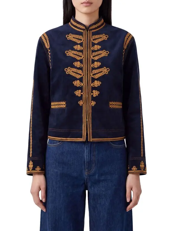 Isabel Marant Étoile Emalia Denim Jacket With A High Neck And Ethnic Embroidery - Black