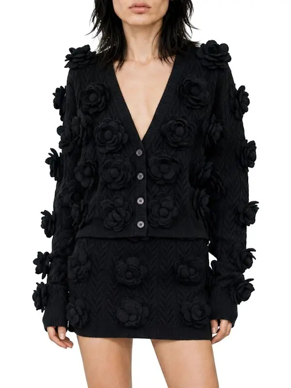 Philipp Plein Wool Blend V-neck Cardigan With Flower Appliqu - Black