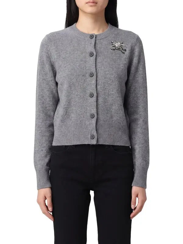 Burberry Merino Wool And Cashmere Cardigan With Rhinestone Ekd Logo - Grey