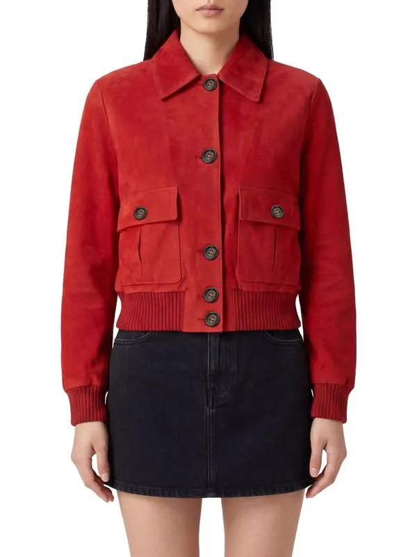 VALSTAR Shirt-style Suede Bomber Jacket With Classic Collar - Red