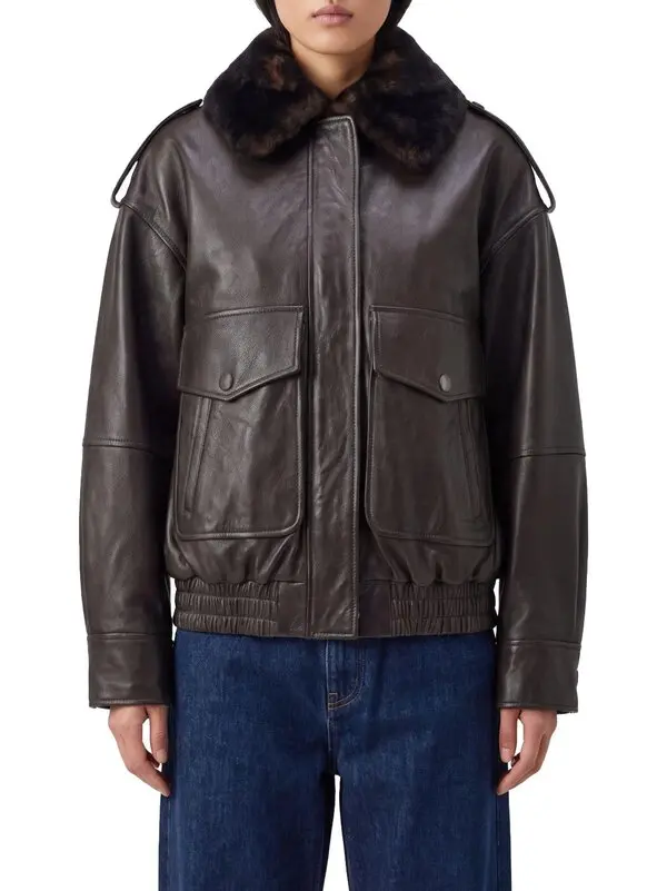 Loulou De Saison Short Calf Leather Jacket With Fur Collar And Epaulettes - Coffee