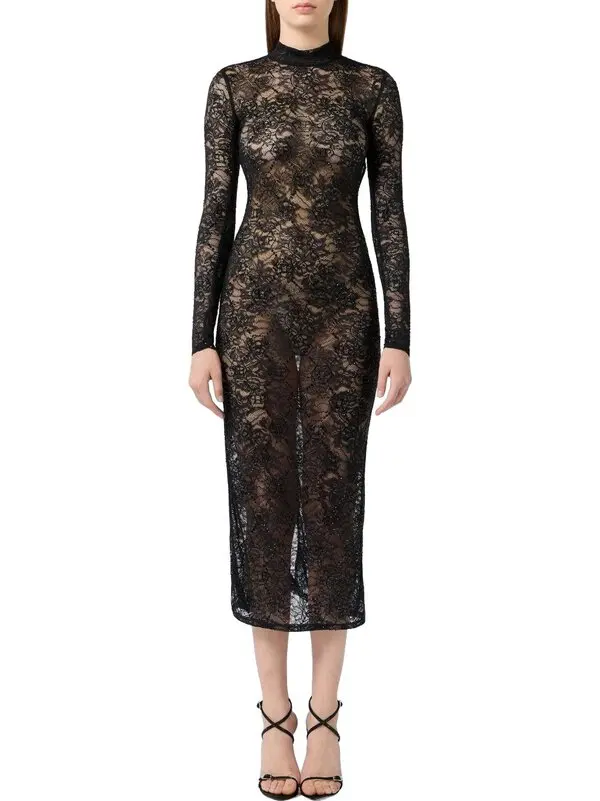 Philipp Plein Midi Evening Dress In Lace With Crystals And A Mock Neck - Black