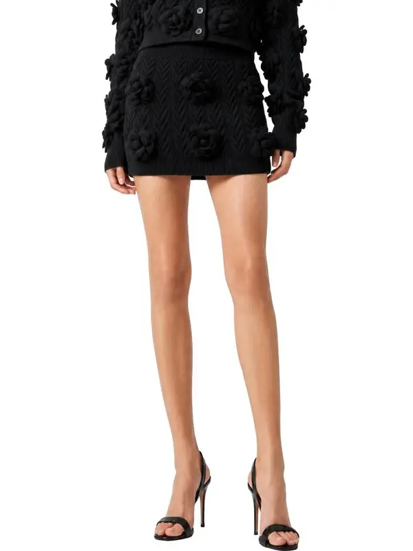 Philipp Plein Pencil Mini Skirt In A Wool Blend With A Flower Appliqu - Black