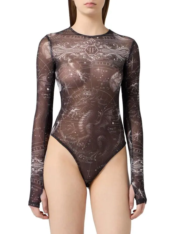 Philipp Plein Slim Fit Long-sleeved Graphic Print Jersey Bodysuit - Black