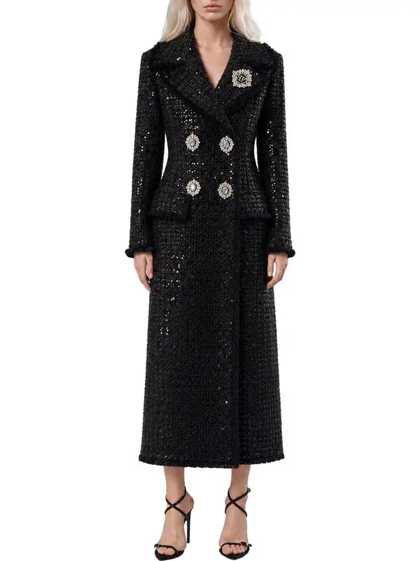 Philipp Plein Long Double-breasted Tweed Coat With Sequin Embroidery - Black