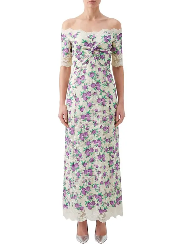 Rabanne Floral Print Long Dress With Lace Inserts On The Neckline - Violet