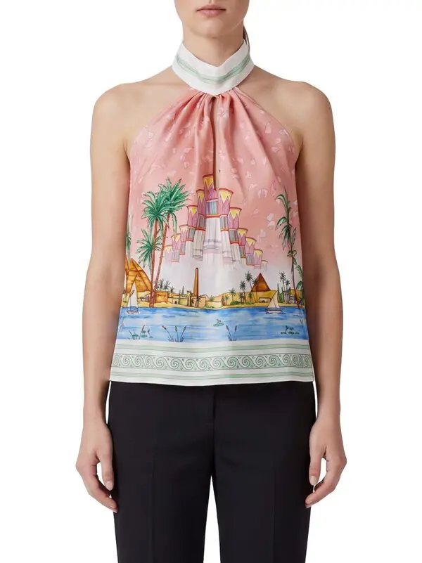 Casablanca Printed Pure Silk Halter Top With Open Back - Pink