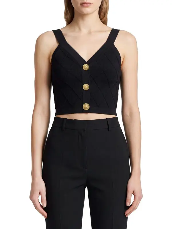 Balmain Cropped Knit Top With V-neck And Decorative Buttons - Black