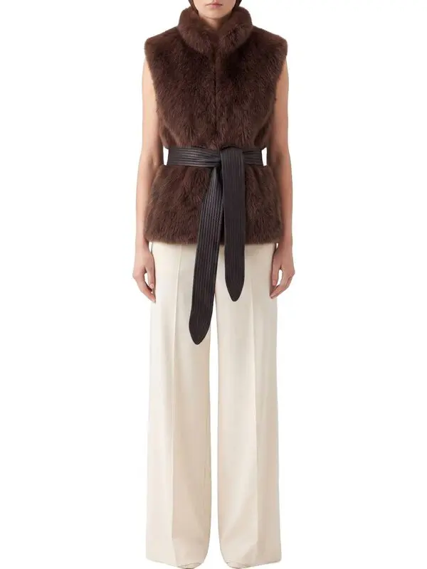 Liu Jo Sleeveless Faux Fur Gilet With High Neck And Waist Belt - Brown