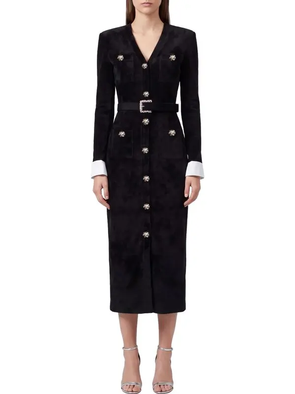 SELF-PORTRAIT Velvet Midi Sheath Dress With Jewel Buttons And Padded Shoulders - Black