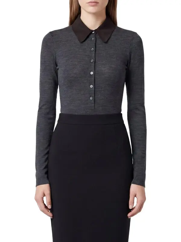 Pinko Slim Fit Wool Blend Long-sleeved Polo Top With Buttons - Grey