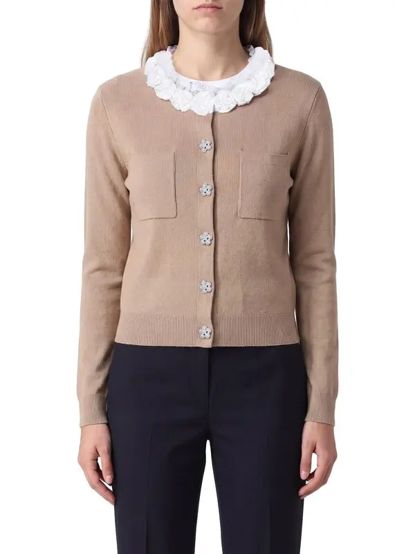 SELF-PORTRAIT Jewelled Collar Wool Blend Cardigan With Decorative Buttons - Brown