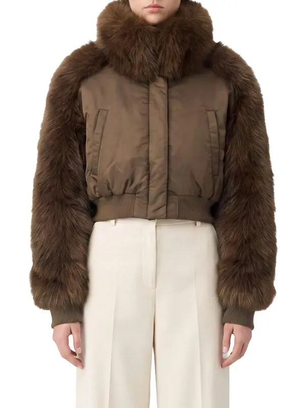Pinko Cropped Bomber Jacket In Nylon And Satin With Faux Fur Inserts - Brown