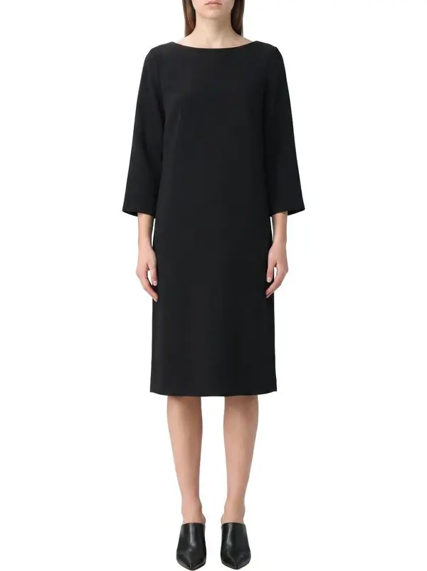 JIL SANDER Midi Sheath Dress In Silk And Virgin Wool Blend With Long Sleeves - Black