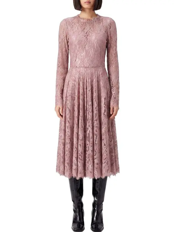 Dolce & Gabbana Long-sleeved Flared Midi Dress In Lace - Violet