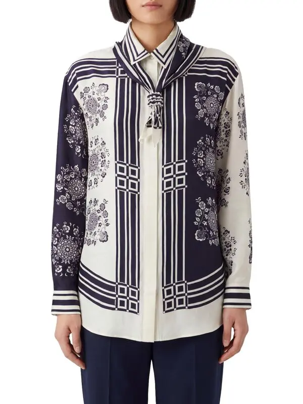 ALEMAIS Banderra Floral Print Pure Silk Shirt With Scarf Neck - Ink