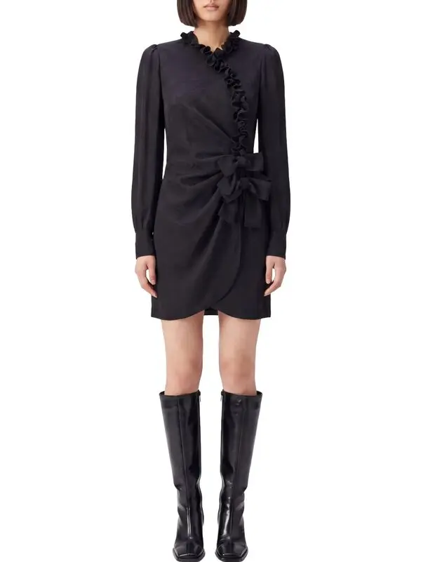 Alessandra Rich Pure Silk Wrap Mini Dress With Rouches Collar - Black