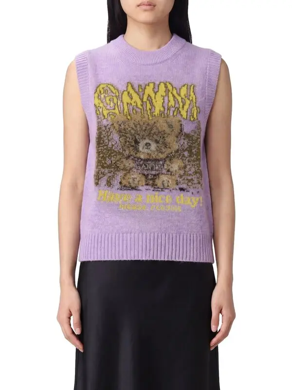 GANNI Teddy Bear Print Slim Fit Wool Blend Knit Vest With Jacquard Logo - Lilac