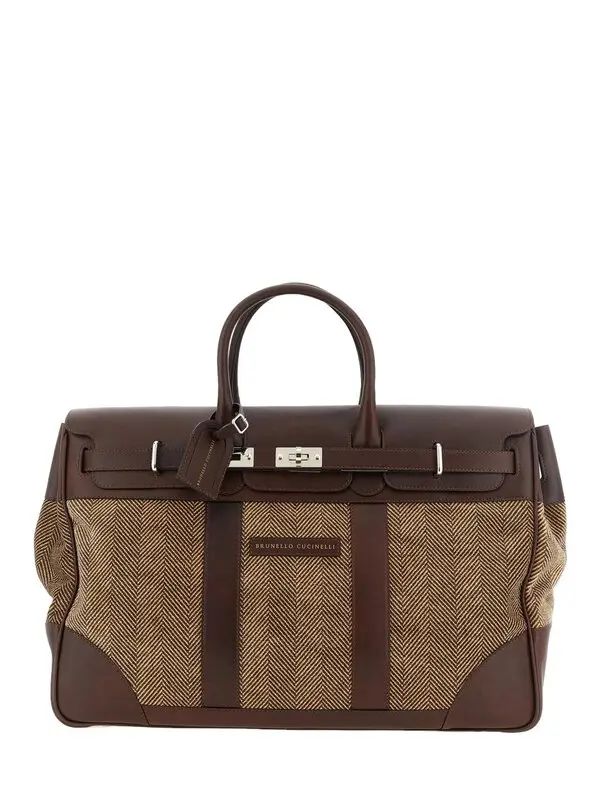 Brunello Cucinelli Chevron Pattern Canvas Travel Bag With Leather Details - Brown