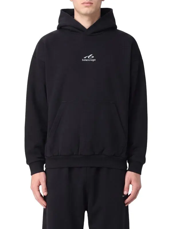 Balenciaga Contrast Logo Cotton Hoodie With Kangaroo Pocket - Black