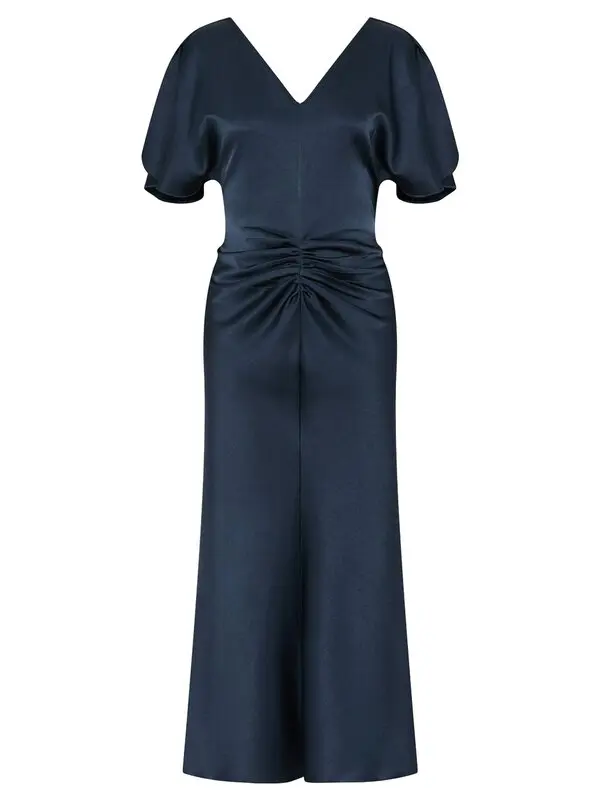 Marella Satin Gathered Midi Dress - Navy