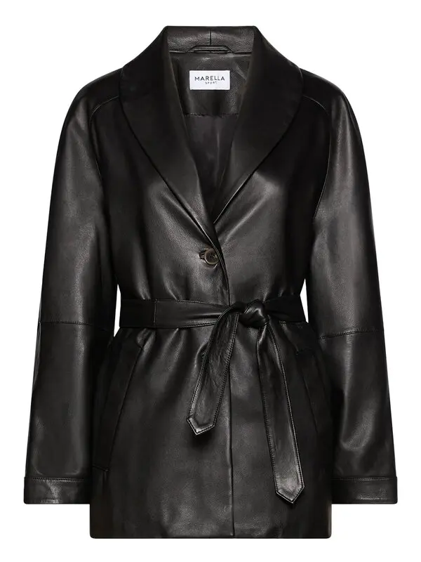 Marella Longline Belted Leather Jacket - Black