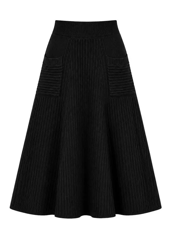 YUMI Knitted Midi Skirt With Pockets - Black