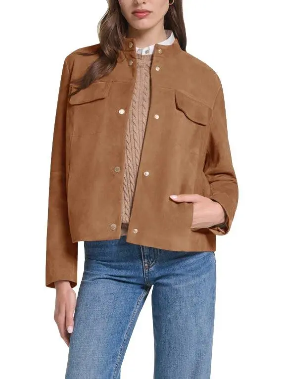 Cole Haan Convertible Collar Leather Jacket - Hazelnut