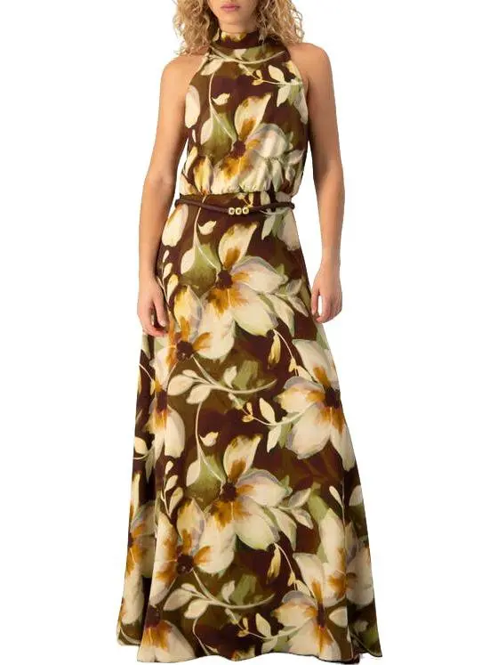 IVONNE Painterly Floral Halter Blouson-bodice Belted Maxi Dress - Brown