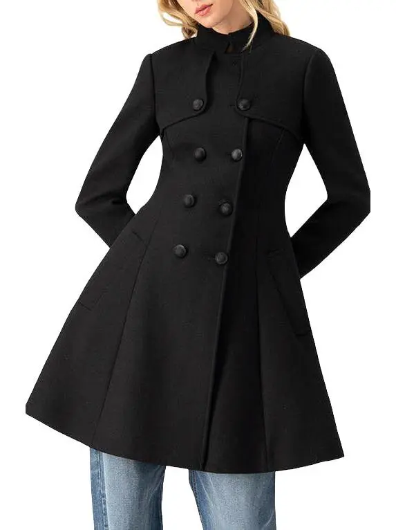 IVONNE Cape-collar Wool-blend Fit-and-flare Coat - Black