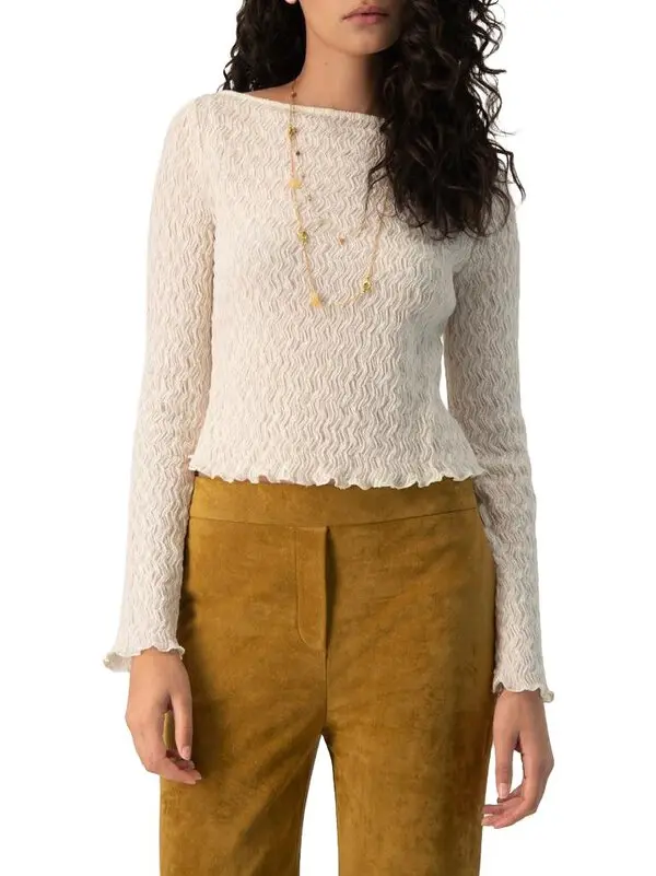 IVONNE Crinkle-knit Bateau-neck Long-sleeve Fitted Top - Bone